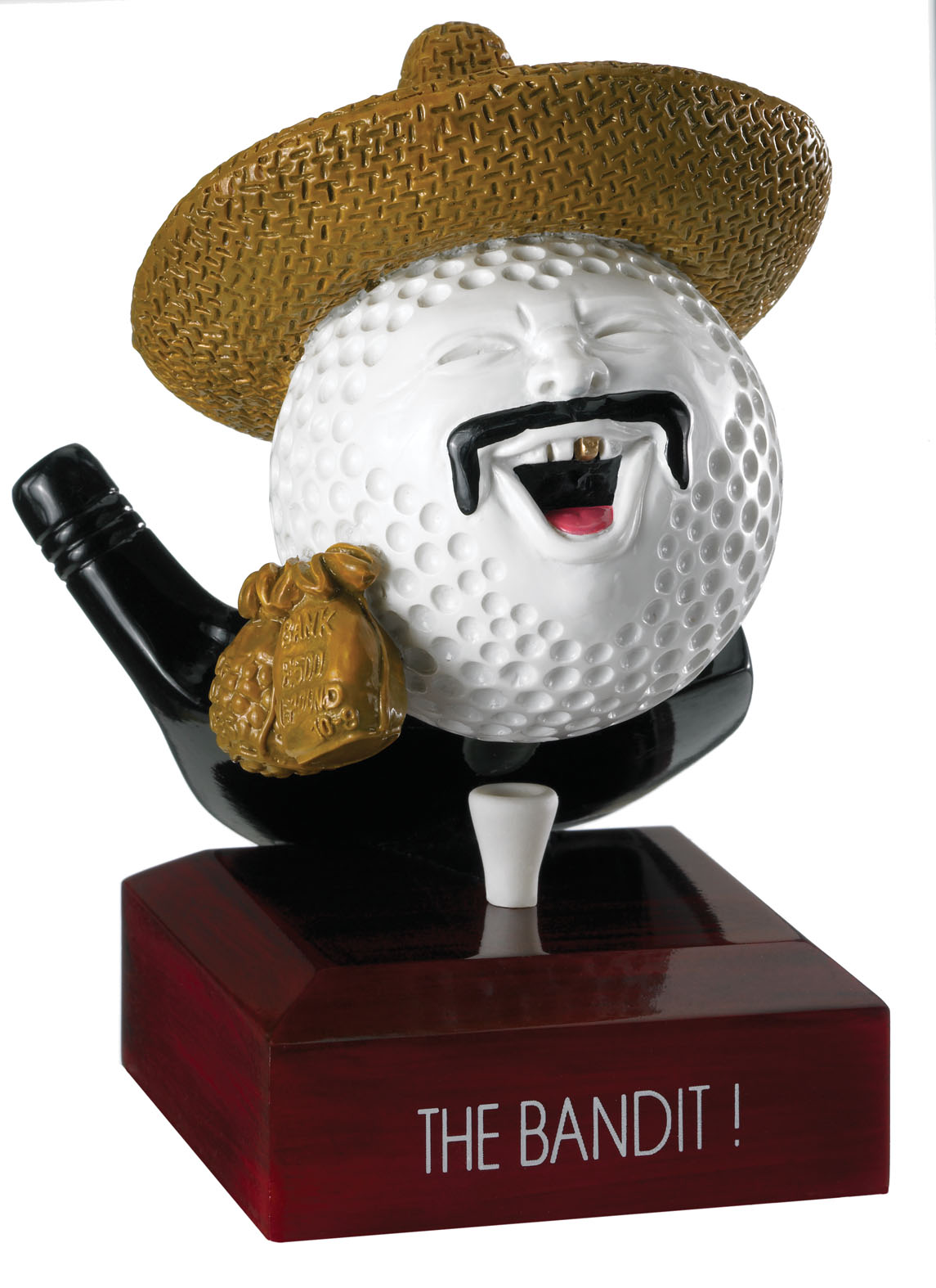 "The Bandit" Comic Golf Ball Trophies On Wooden Base 1 - Trophy Sales
